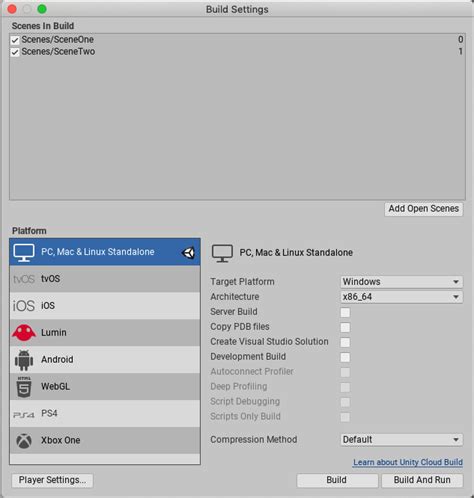 unity manual pc mac and linux standalone build settings