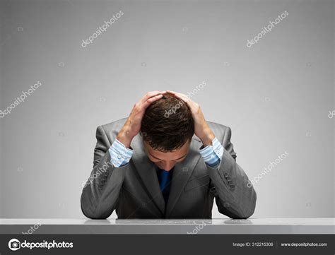 Frustrated Man Sitting Desk Hands Head Businessman Stressed Pressure
