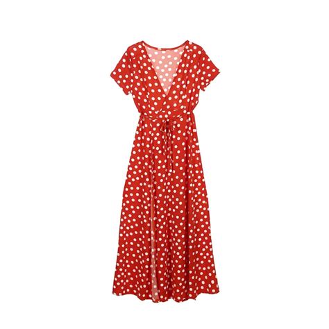2019 Elegant France Style Boho Polka Dot Dress Womens Sexy V Neck Lace
