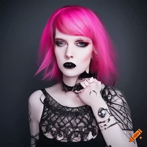 Portrait Of A Pale Green Eyed Goth Girl With Long Red Black Hair And