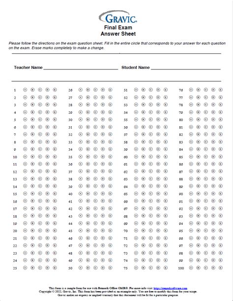 Final Exam 100 Question Test Answer Sheet · Remark Software