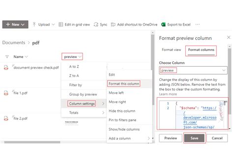 json column formatting to preview sharepoint online file on mouse hover