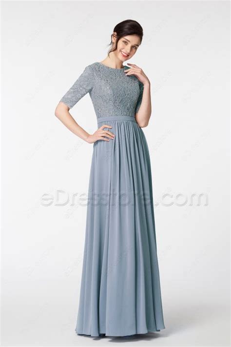 Dusty Blue Modest Bridesmaid Dress With Sleeves Edresstore