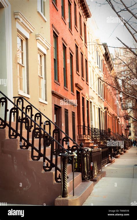 Row Of Lovely Brick And Brownstone New York City Apartments Seen From