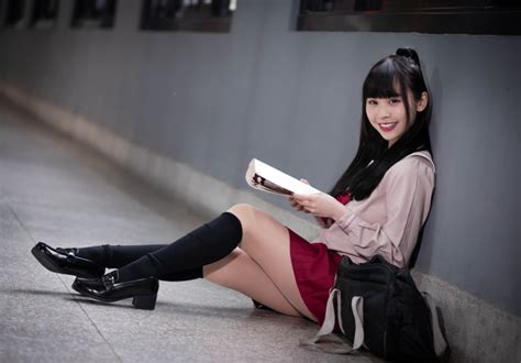 4k Asian Brunette Girl Smile Sitting Legs Knee Highs Stilettos