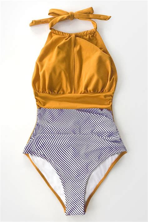 Textured And Striped Halter One Piece Swimsuit One Piece Swimsuit