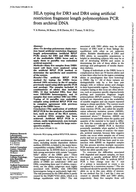 Pdf Hla Typing For Dr3 And Dr4 Using Artificial Restriction Fragment