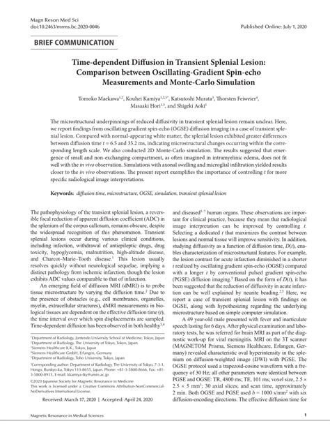 Pdf Time Dependent Diffusion In Transient Splenial Lesion Comparison