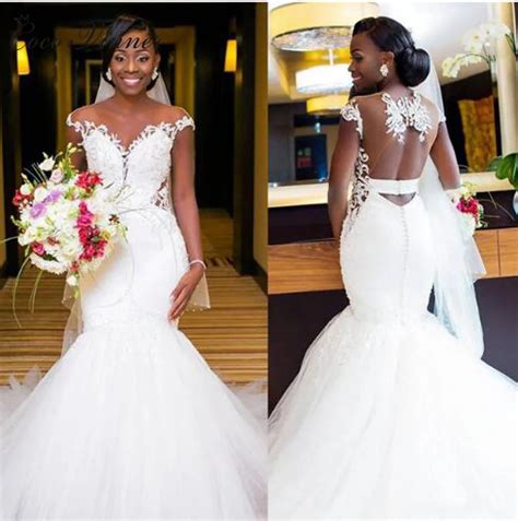 Sexy Illusion Back Africa Mermaid Wedding Dresses 2019 Pure White Cap