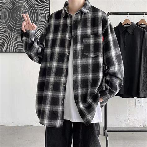 Korean Plaid Long Sleeves Shirt For Men Oversize Checkered Polo Blouse