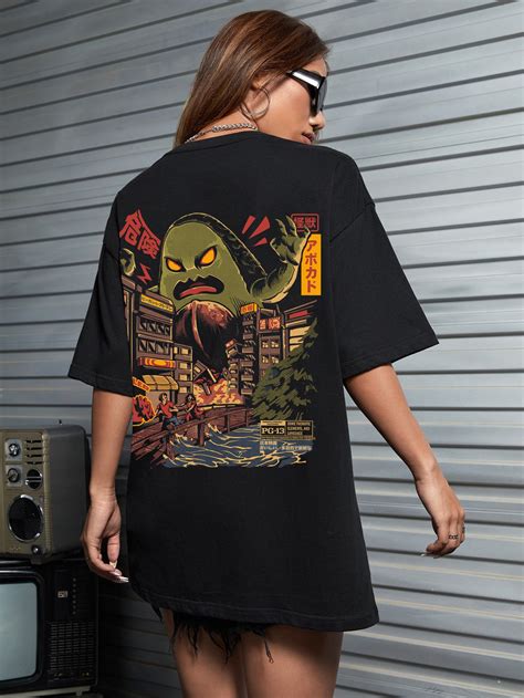 Ilustrata Japanese Letter And Cartoon Graphic Drop Shoulder Oversize Tee