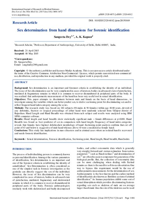 Pdf Sex Determination From Hand Dimensions For Forensic