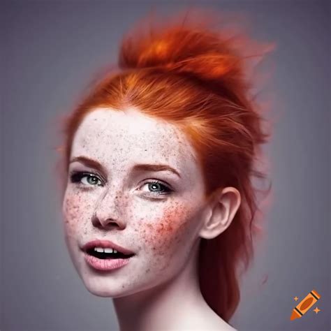 Beautiful Young Woman With Freckles Red Hair And Green Eyes In High
