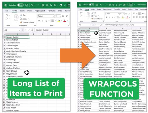using the wrapcols function in excel when printing lists helps you save