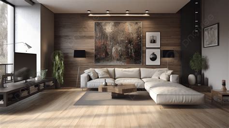 Ruang Tamu Modern Dengan Dinding Panel Kayu Berwarna Coklat Gambar