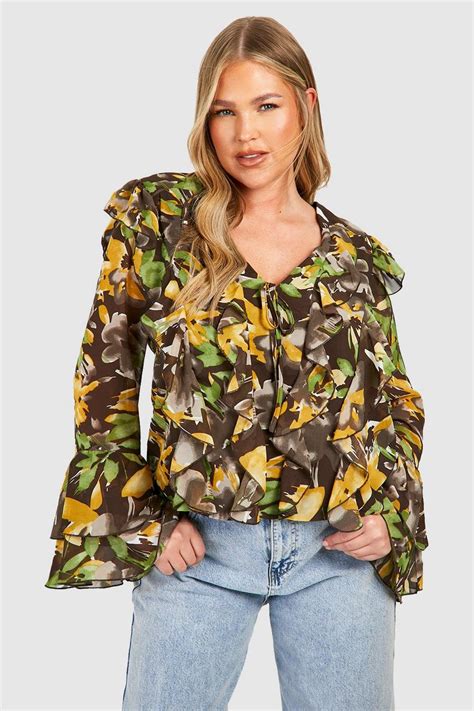 Plus Floral Extreme Ruffle Flare Sleeve Blouse Boohoo Uk
