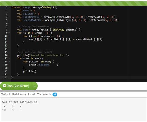 kotlin program to add two matrix using multi dimensional arrays code blah