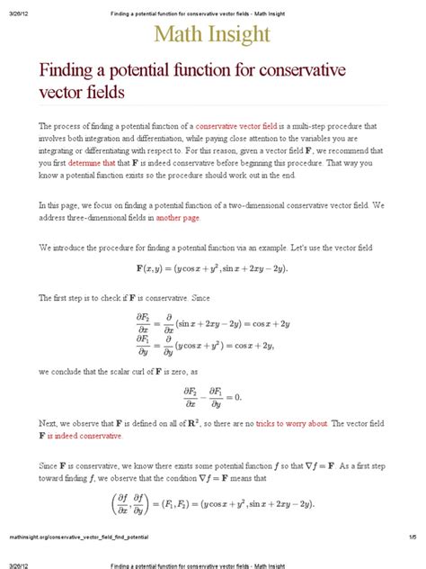 Finding A Potential Function For Conservative Vector Fields Math