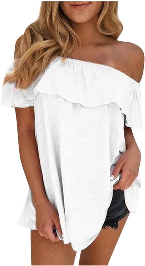 Erthome1 Damen Sexy Schulterfrei Off Shoulder T Shirt Einfarbig Locker