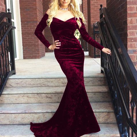 Velvet Mermaid Prom Dress Long Sleeves Evening Gowns Off Shoulder