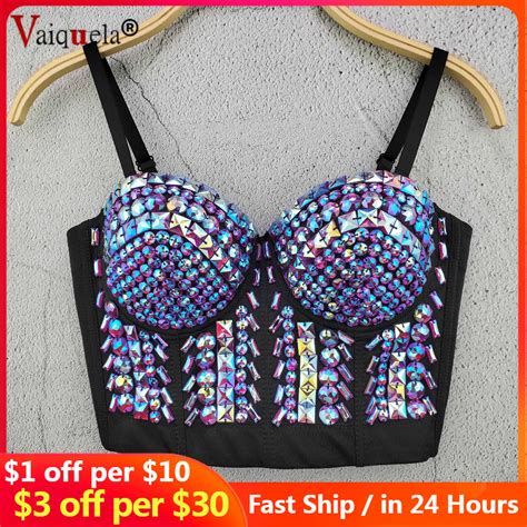Mesh Top Rhinestone Bead Bustier Corset Pearls Diamond Push Up Night