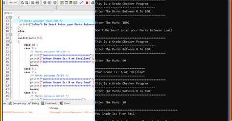 c program for find a grade of given marks using switch case