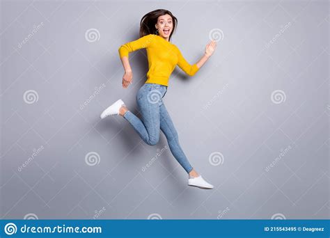Full Size Profile Photo Of Hooray Brunette Nice Lady Jump Run Wear