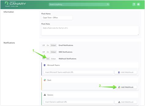 how do i configure slack webhook notifications on a flock thinkst canary