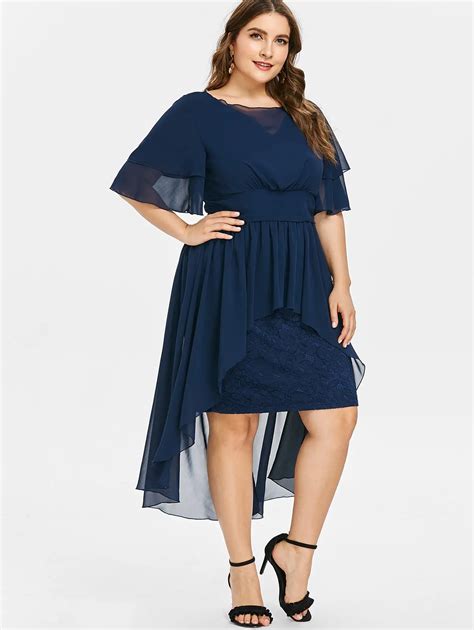 Wipalo Plus Size 5xl High Waist Lace Panel High Low Dress Elegant