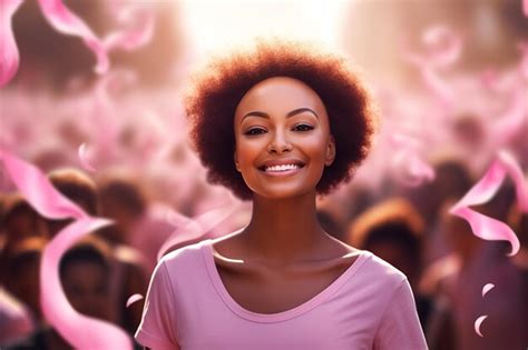 Premium Ai Image Smiling Woman Amidst Swirling Pink Ribbons