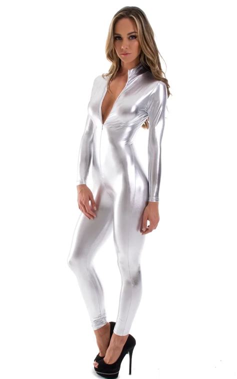 Buy Front Zip Silver Catsuits Womens Long Sleeve Black