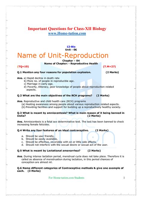 Important Questions For Class 12 Biology Chapter 4 Reproductive Health