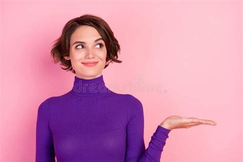Photo Of Cute Brunette Millennial Lady Hold Look Empty Space Wear