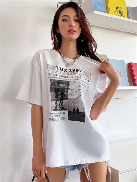 Figure And Letter Graphic Drop Shoulder Tee T Shirts For Women Casual