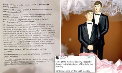 Anti Same Sex Marriage Letters Dropped In Sydney Mailboxes Daily Mail