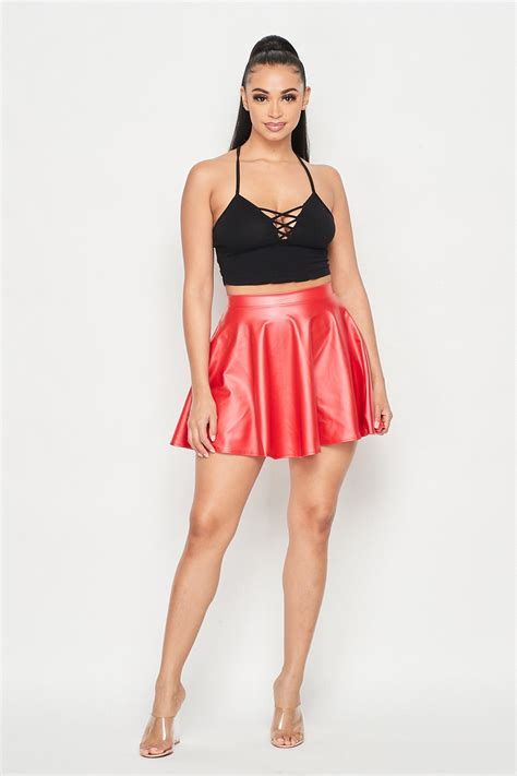Red High Waisted Faux Leather Skater Mini Skirt