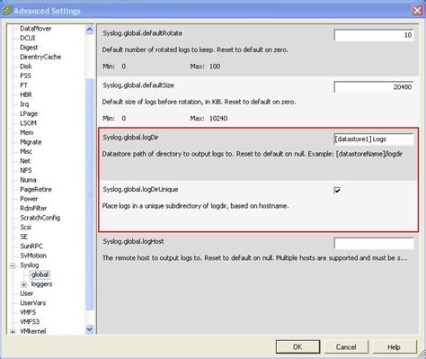 configuring local datastore as syslog for esxi server