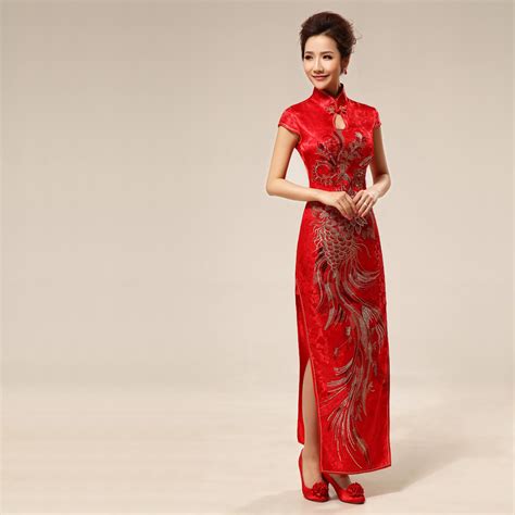 Traditional Brocade Embroidered Phoenix Long Qipao Chinese Red