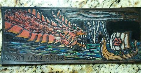 dragon and viking longship on leather piece for wallet imgur