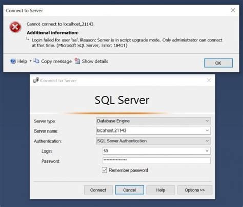 sql server fix error login failed for user reason server is in