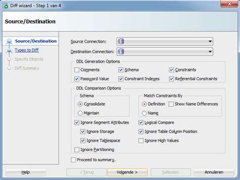 oracle sql developer database diff tables and constraints