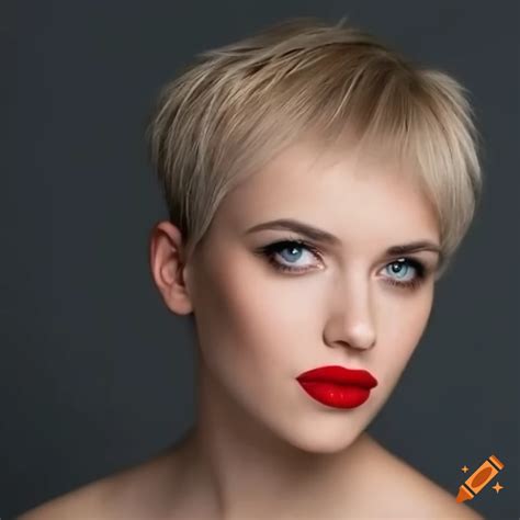 Portrait Of A Stunning Woman With Short Blonde Hair And Red Lipstick On