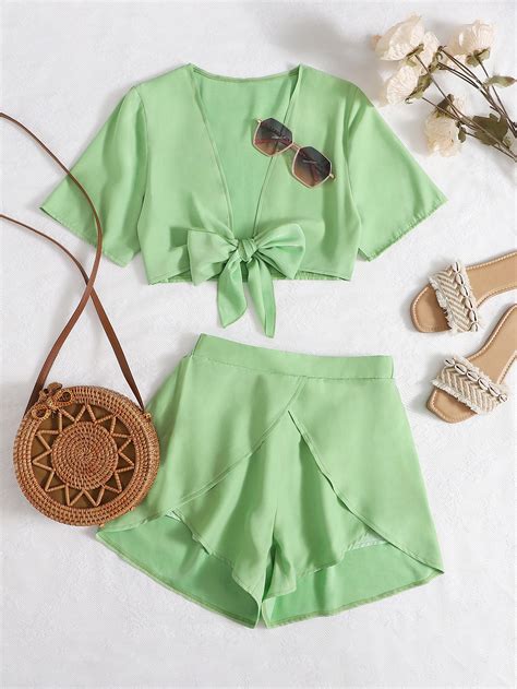 Solid Tie Front Crop Top And Wrap Shorts Set Shein Usa