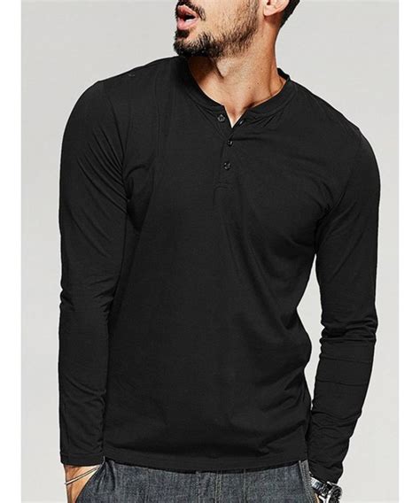 Mens Henley T Shirts Long Sleeve Crew Neck With Button Slim Fit Plain