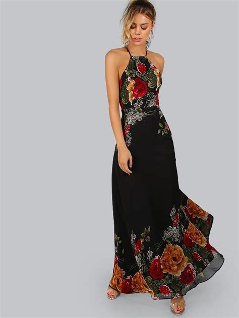 Floerns Womens Sleeveless Halter Neck Vintage Floral Print Maxi Dress