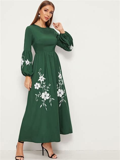 Shein Bishop Sleeve Floral Embroidered Maxi Dress Robe Dintérieur