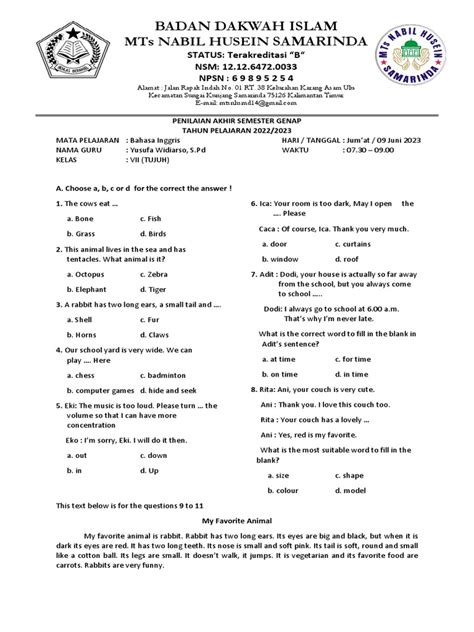 Soal Pas Bahasa Inggris Kelas 7 Mts 50 Soal Pdf