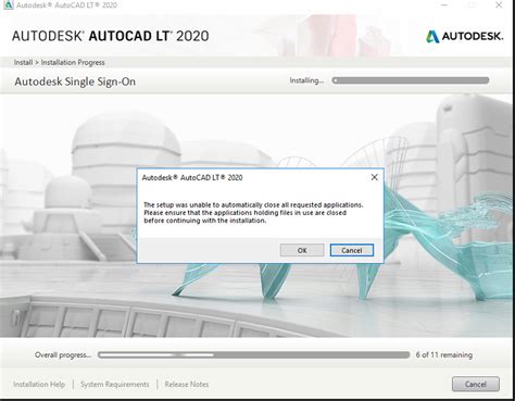 インストール中に「セットアップは要求されたすべてのアプリケーションを自動的に閉じることができませんでした」エラー autocad lt