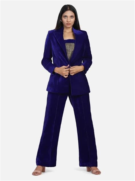 Women Navy Blue Velvet Pant Suit With Brocade Top 3 Piece Etsy