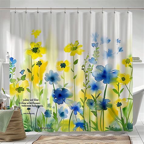 Yellow And Blue Wildflowers Watercolor Shower Curtain White Background